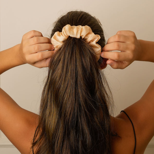 Mulberry Silk Ruffled Hair Scrunchie - Creamy-Beige - Jasmine Bains