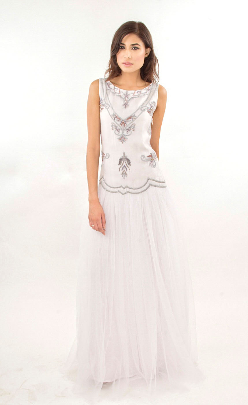 Cloud Embroidered Tulle White Net Gown For Women - Jasmine Bains